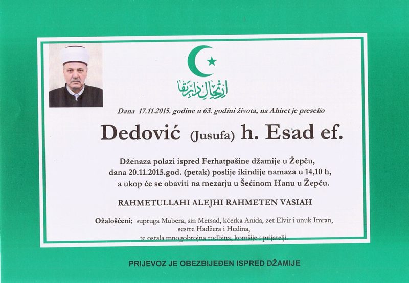NA AHIRET PRESELIO H. ESAD EF. DEDOVIĆ - obraćanje glavnog imama/foto ...