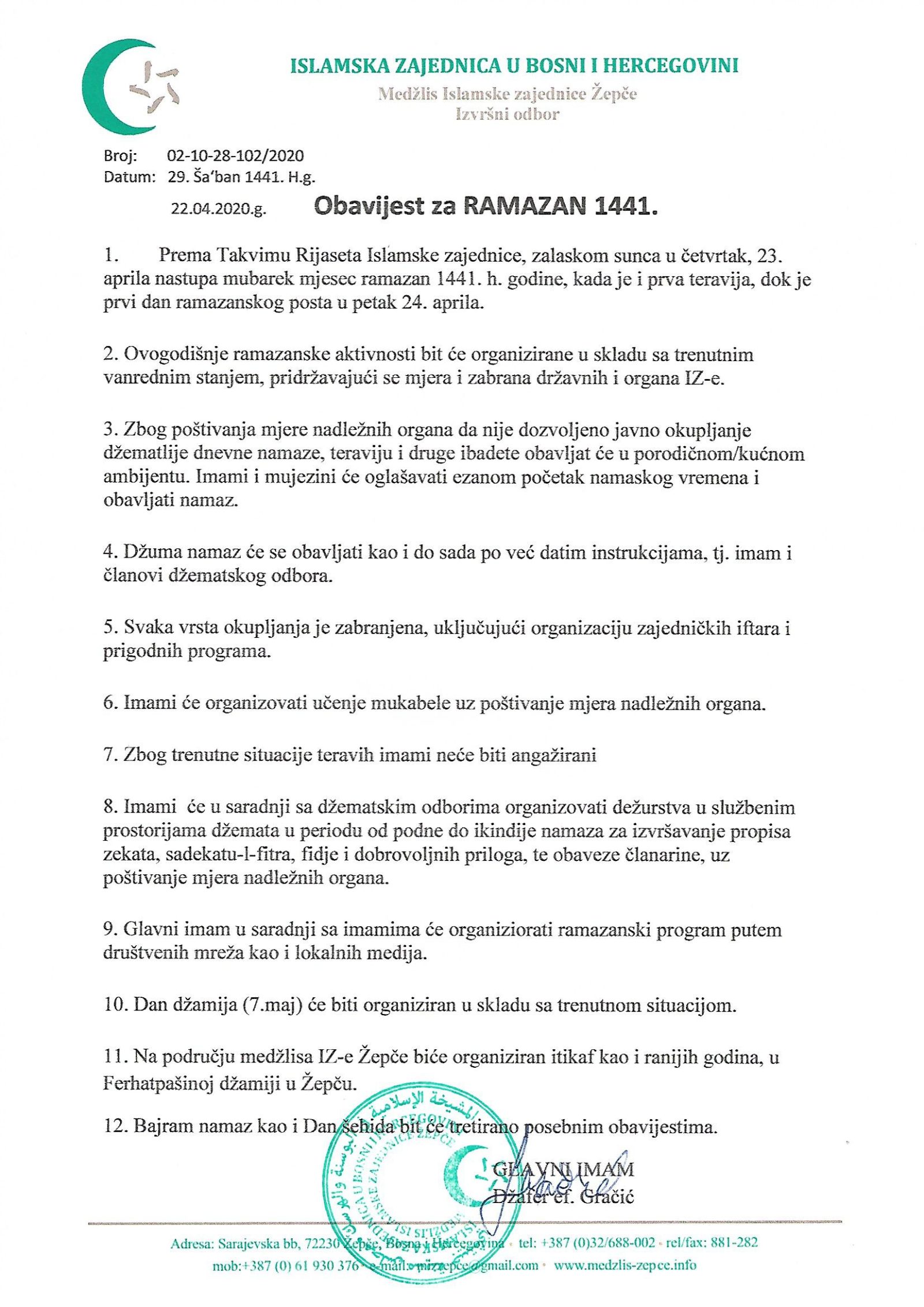 VAŽNO - RAMAZANSKA UPUTSTVA - RAMAZAN 2020. GODINE - Medžlis IZ Žepče