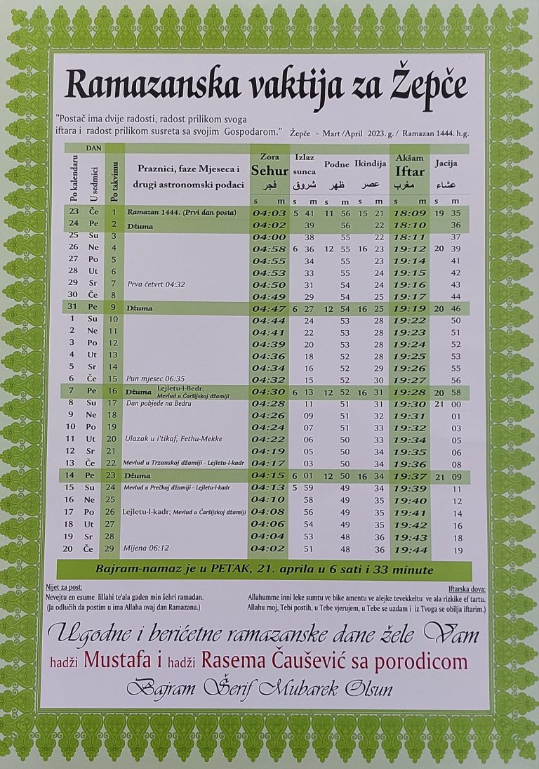 RAMAZANSKA VAKTIJA ZA ŽEPČE - ramazan 2023. godine - Medžlis IZ Žepče